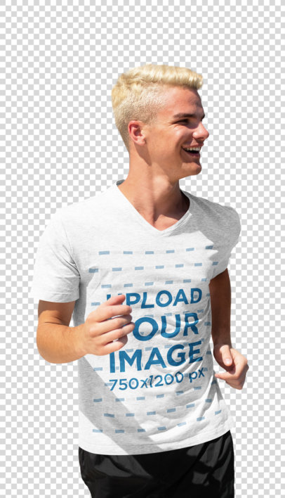 Placeit - Heather V-Neck T-Shirt Mockup of a Happy Man Running With His ...
