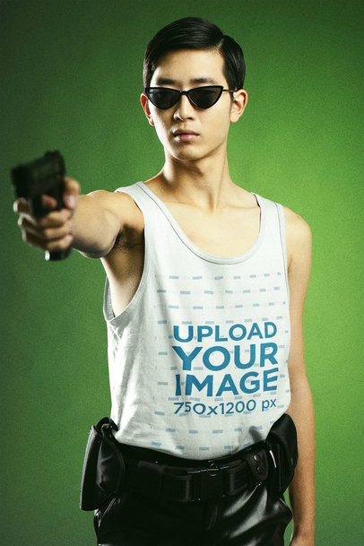 Placeit - The Matrix-Inspired Tank Top Mockup of a Young Man Holding a Gun