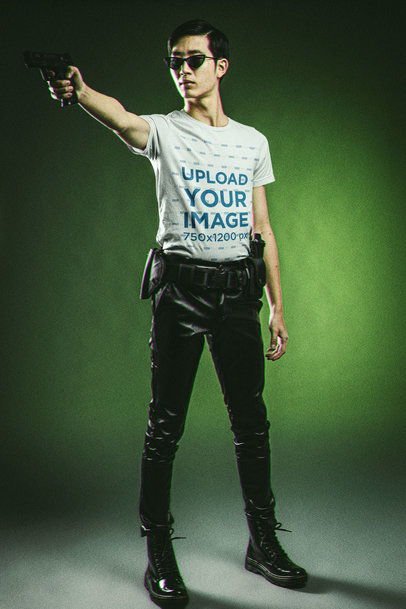 Placeit - Crop Top Mockup Featuring a Man in a Matrix-Inspired Outfit