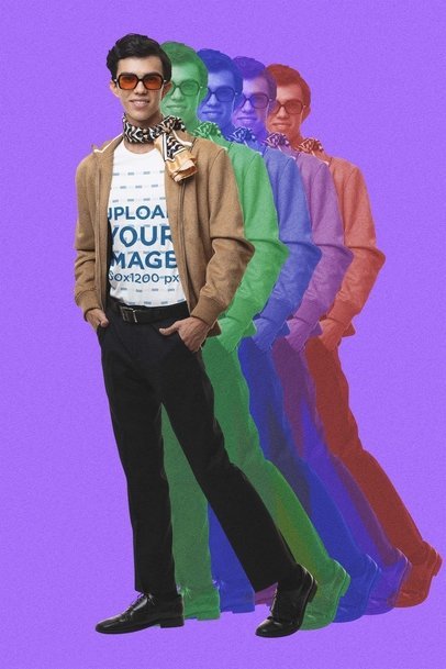 Placeit - Retro Mockup of a Man Wearing a Tee and a 60s Groovy Outfit