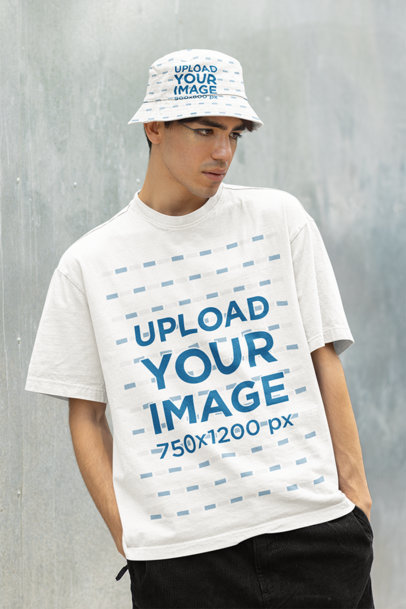 Placeit - T-Shirt and Bucket Hat Mockup Featuring a Brand Collection Promo