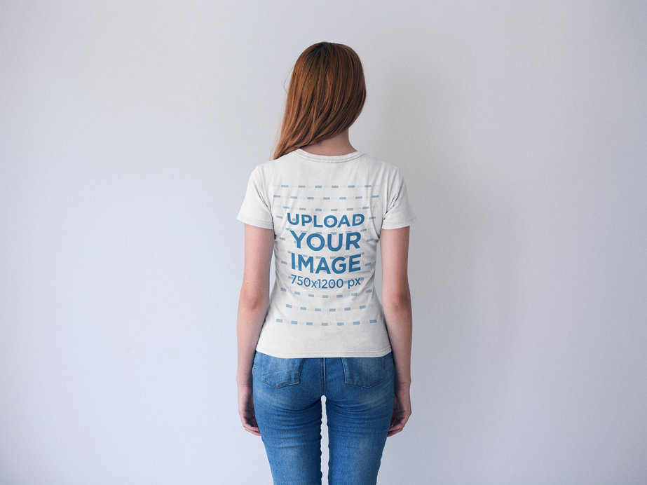 Placeit - Back Shot Round Neck Tee Mockup Featuring a Woman with Red Hair