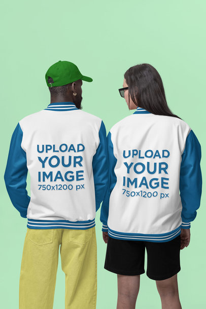 Placeit - Back-View Bomber Jacket Mockup Featuring a Woman in a Studio