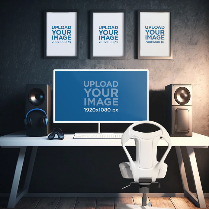 Placeit - Gaming Mockup Featuring a PC and Three Art Prints
