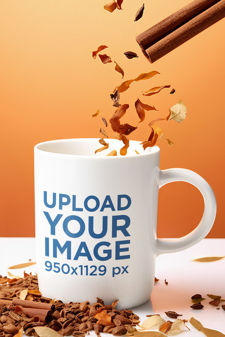 Placeit - Mockup of Cinnamon Leaves Falling into an 11 oz Coffee Mug