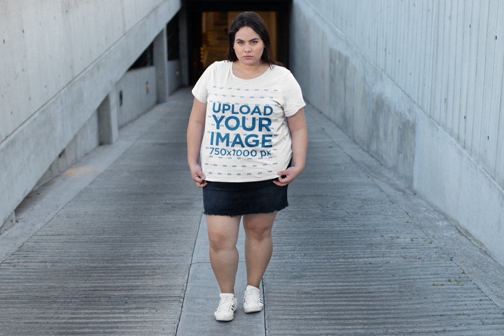 Placeit - Plus Size Tee Mockup Featuring a Woman Walking over a Parking ...