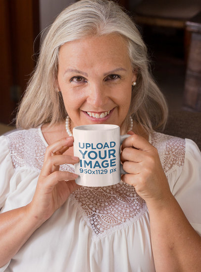 Placeit - Mockup of a Smiling Woman Holding an 11 oz Coffee Mug