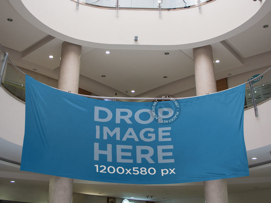 Placeit - Horizontal Banner Mockup Hanging at a Mall