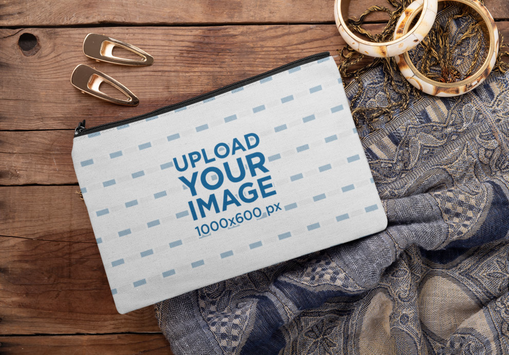 Placeit - Sublimated Pouch Mockup Surrounded by Hair Pins and Bracelets