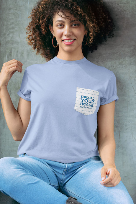 Placeit - Pocket Tee Mockup of a Woman with Natural Hair Smiling