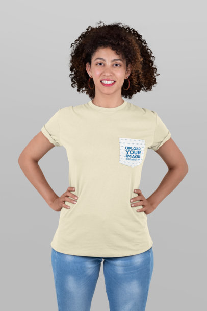 Placeit - Pocket Tee Mockup of a Woman with Natural Hair Smiling
