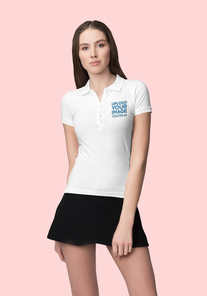 Placeit - Polo Shirt Mockup Featuring a Woman Smiling at a Studio