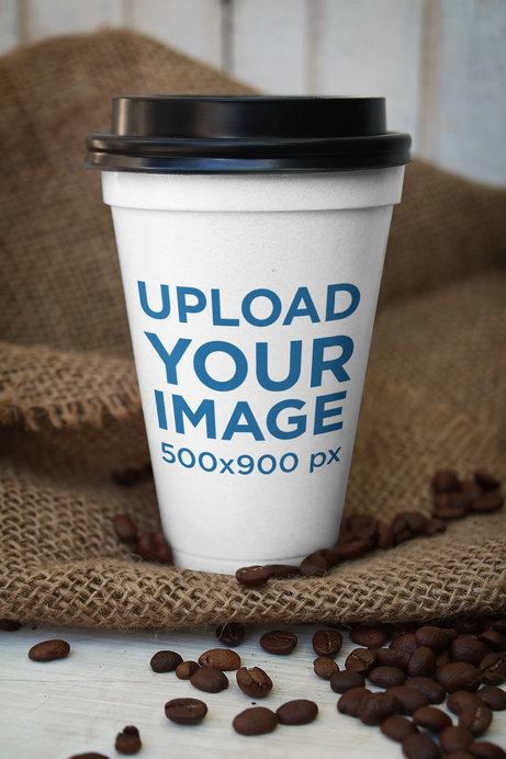 Placeit - Mockup Featuring a Coffee Cup and a Gunny Sack