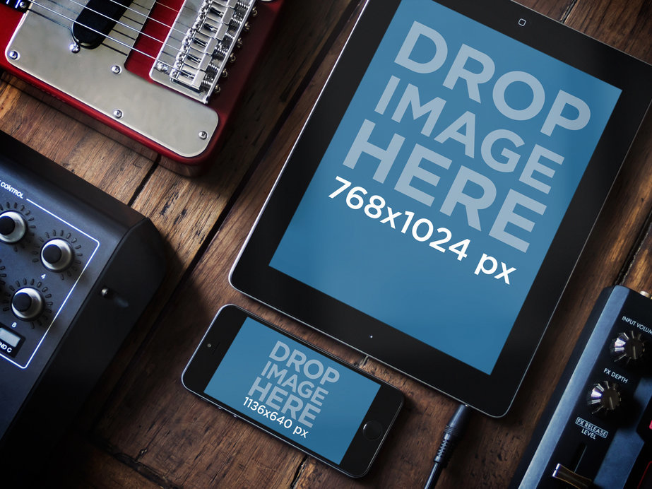 Placeit - Mockup Featuring an iPhone 5 and and an iPad at a Music Studio