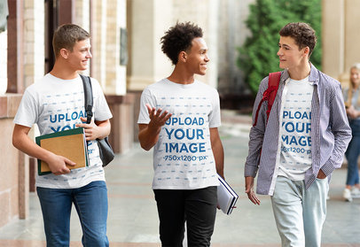 Placeit - T-Shirt Mockup of a Group of Students Celebrating in the Library
