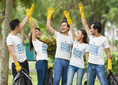 Placeit - T-Shirt Mockup Featuring a Group of Friends Cleaning a Park