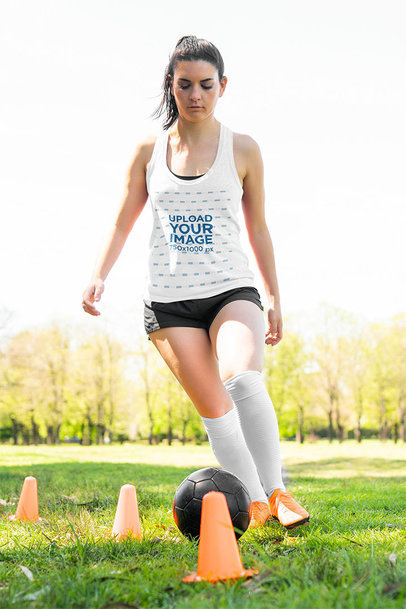 Placeit - Tank Top Mockup of a Soccer Player Focused on Her Training